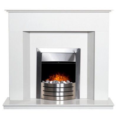 Adam Alora White Marble Fireplace with Downlights & Comet Brushed Steel ...