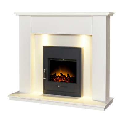 Adam Avila White Marble Fireplace with Oslo Electric Inset Stove in ...