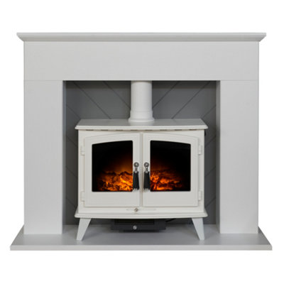 Adam Corinth Stove Fireplace in Pure White & Grey with Downlights ...