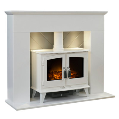 Adam Corinth Stove Fireplace in Pure White & Grey with Downlights ...