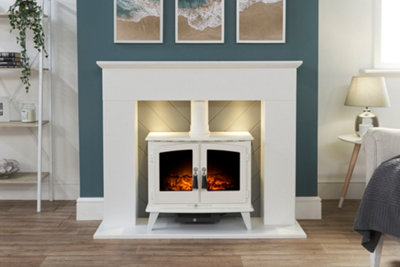 Adam Corinth Stove Fireplace in Pure White & Grey with Downlights ...