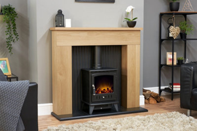 Adam Innsbruck Stove Fireplace in Oak with Aviemore Electric Stove in ...