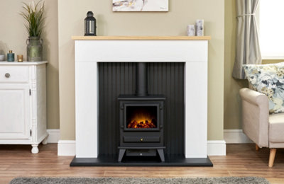 Adam Innsbruck Stove Fireplace in Pure White with Hudson Electric Stove ...
