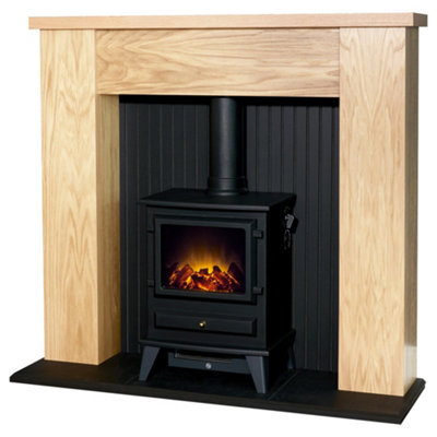 Adam New England Stove Fireplace in Oak & Black with Hudson Electric ...