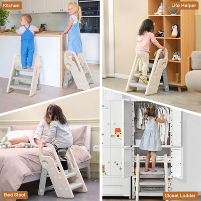 Adjustable 3 Step Stool, Grey&White Kitchen Standing Tower