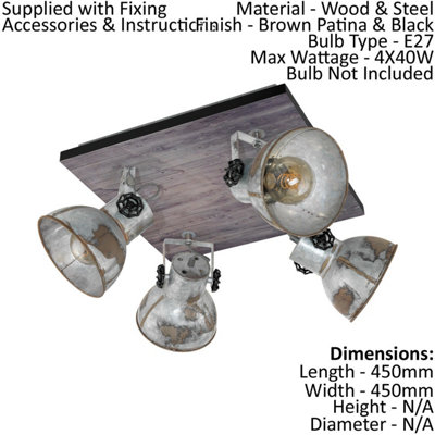 Adjustable 4 Bulb Ceiling Spotlight Wood & Raw Industrial Steel Shade ...