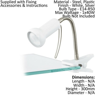 Adjustable Clip-On Clamp Light in White and Silver with Inline Switch ...