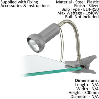 Adjustable Clip-On Spot Light with Silver Shade and E14 Bulb Holder