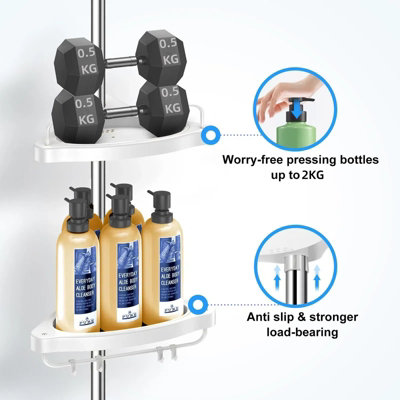 Adjustable Corner Shower Tension Pole with 4 Tier Shelf, White