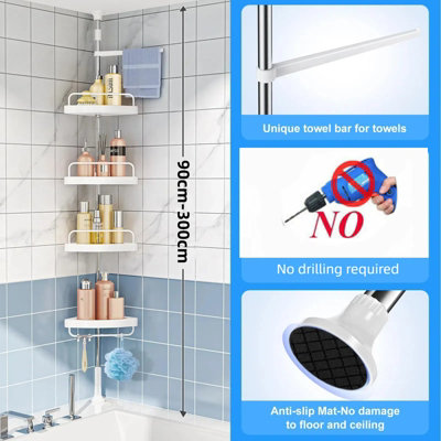 Adjustable Corner Shower Tension Pole with 4 Tier Shelf, White