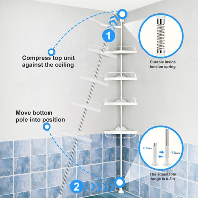 Adjustable Corner Shower Tension Pole with 4 Tier Shelf, White