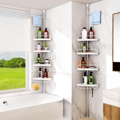 Adjustable Corner Shower Tension Pole with 4 Tier Shelf, White