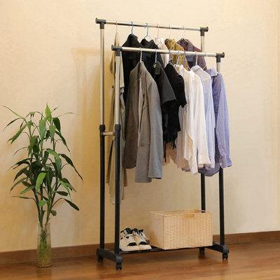 Adjustable Double-Rail Garment Rack with Hanging Rail and Storage Shelf