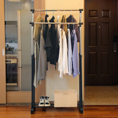 Adjustable Double-Rail Garment Rack with Hanging Rail and Storage Shelf