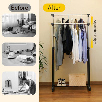 Adjustable Double-Rail Garment Rack with Hanging Rail and Storage Shelf