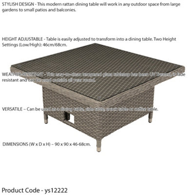 Adjustable Height Garden Coffee / Dining Table - Rattan Wicker Glass ...