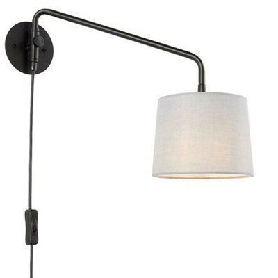 Adjustable Swing Arm Wall Light Matt Black & Grey Fabric Shade Mains ...