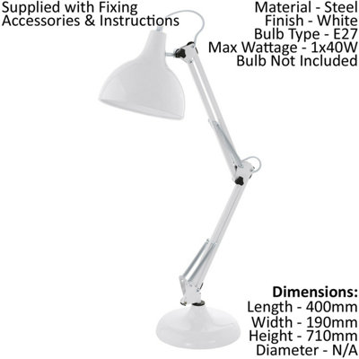 Adjustable White Table Desk Lamp with E27 Bulb Holder and In-Line Switch