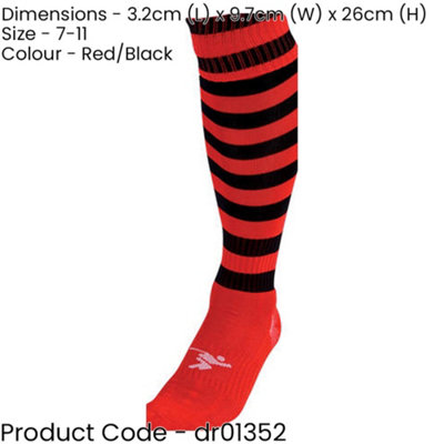 ADULT SIZE 7-11 HOOPED STRIPE FOOTBALL SOCKS - RED/BLACK CONTOURED ANKLE