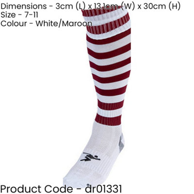 ADULT Size 7-11 Hooped Stripe Football Socks - WHITE/MAROON - Contoured ...