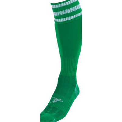 ADULT Size 7-11 Pro 3 Stripe Football Socks - GREEN/WHITE - Contoured ...