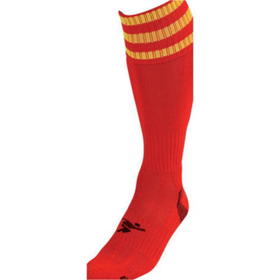 ADULT Size 7-11 Pro 3 Stripe Football Socks - RED/YELLOW - Contoured ...