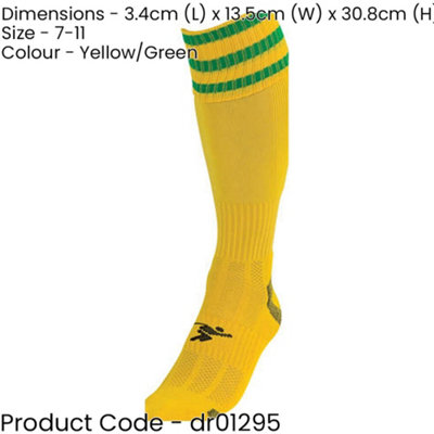 ADULT Size 7-11 Pro 3 Stripe Football Socks - YELLOW/GREEN - Contoured ...