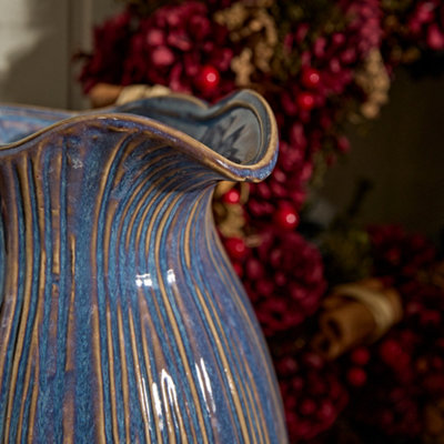 Aegean Blue Fluted Ceramic Table Decoration Pitcher Jug Vase