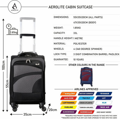 Aerolite Lightweight 4 Wheel Carry On Cabin Luggage, 55x35x20cm, Single ...