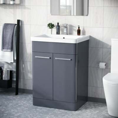 Afern 600mm Vanity Unit Cabinet and Wash Basin Steel Grey- Flat Pack