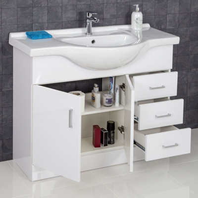 Affine 1050mm Bathroom Vanity Unit & Basin Sink Tap + Waste Gloss White ...