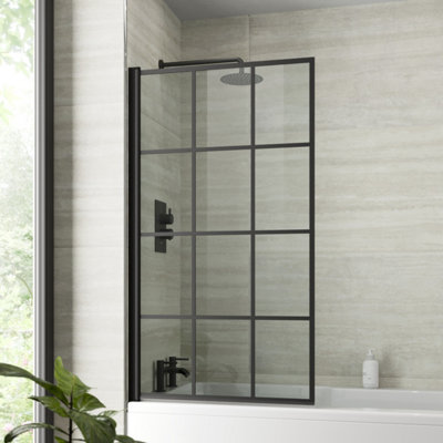 Affine 800mm Bath Shower Screen Black Grid Square Door Hinged Framed Reversible 6mm Toughened ...