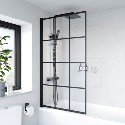 Affine 800mm Bath Shower Screen Black Grid Square Door Hinged Framed ...