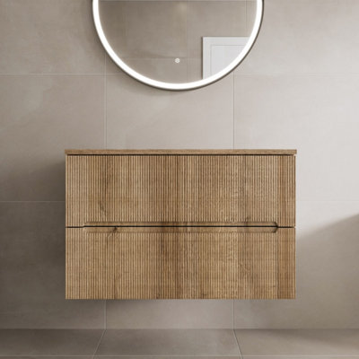Affine 800mm Bathroom Vanity Unit Countertop Wall Hung Unit Fluted Oak ...
