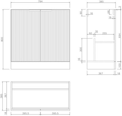 Affine 800mm Fluted Grey Floorstanding Vanity Unit Black Ceramic Basin ...