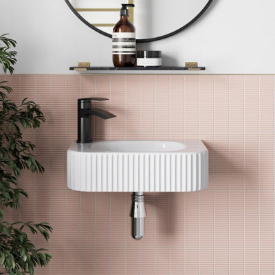 Affine Bathroom Wall Hung Basin Sink Fluted Gloss White 1 Tap Hole ...