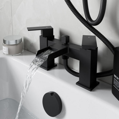 Affine Black Waterfall Bath Mixer Tap Square Twin Handle No Shower ...