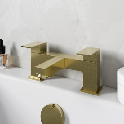 Affine Brushed Brass Bath Mixer Tap Square Twin Handle Deck Mounted ...
