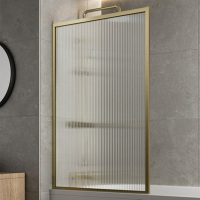 Affine Brushed Brass Over Bath Shower Screen Fluted Glass Square Frame ...