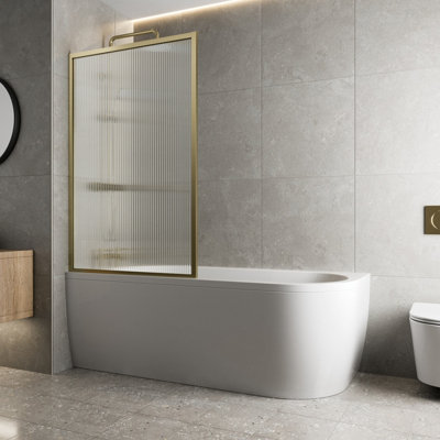 Affine Brushed Brass Over Bath Shower Screen Fluted Glass Square Frame ...