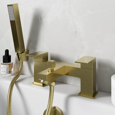 Affine Brushed Brass Shower Mixer Tap Square Twin Handle with Handset ...