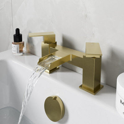 AFFINE BRUSHED BRASS WATERFALL BATH MIXER TAP DECK MOUNTED SQUARE TWIN ...