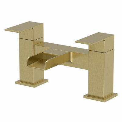 Affine Brushed Brass Waterfall Bath Mixer Tap Deck Mounted Square Twin ...