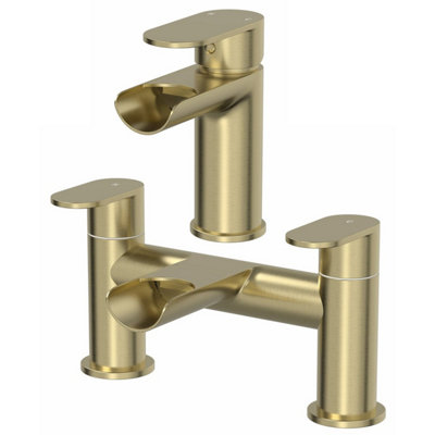 Affine Brushed Brass Waterfall Bathroom Taps Basin & Bath Mixer Tap Set ...