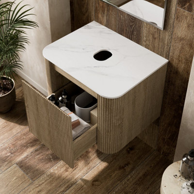 Affine Deku Fluted Oak Wall Hung Countertop Bathroom Vanity Unit 600mm