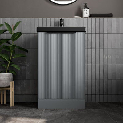 Affine Fluted 500mm Grey Floorstanding Vanity Unit Black Basin Soft ...