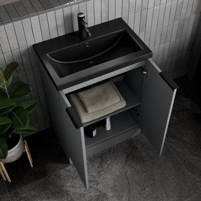 Affine Fluted 600mm Grey Floorstanding Vanity Unit Black Basin Soft ...