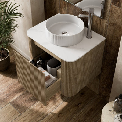 Affine Fluted Oak Wall Hung Vanity Unit & Countertop Basin Bathroom 600mm
