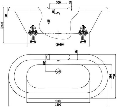Affine Freestanding Traditional 1500mm Bath Double Ended Roll Top Legs ...