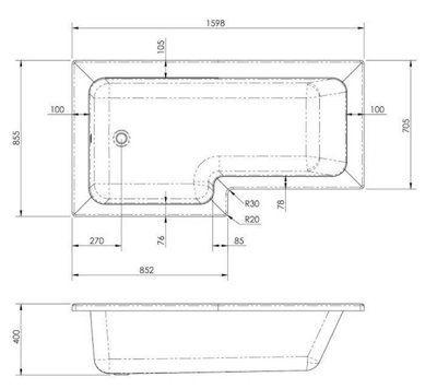 Affine Modern 1600mm Left Hand L Shaped Shower Bath Only Bathtub ...